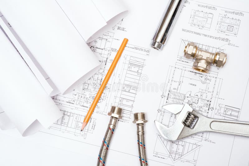 Plumbing and Drawings, Construction Still Life Stock Photo - Image of ...
