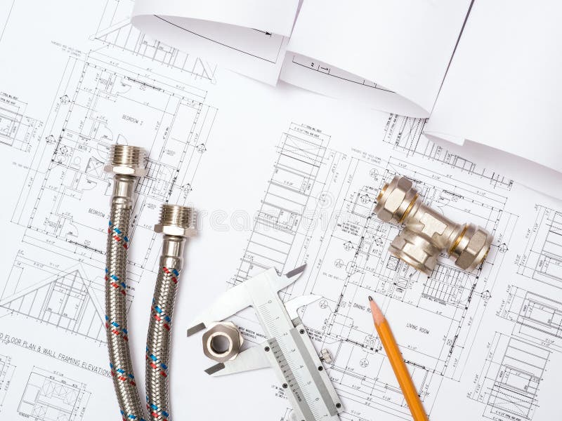 Plumbing and Drawings, Construction Still Life Stock Photo - Image of ...