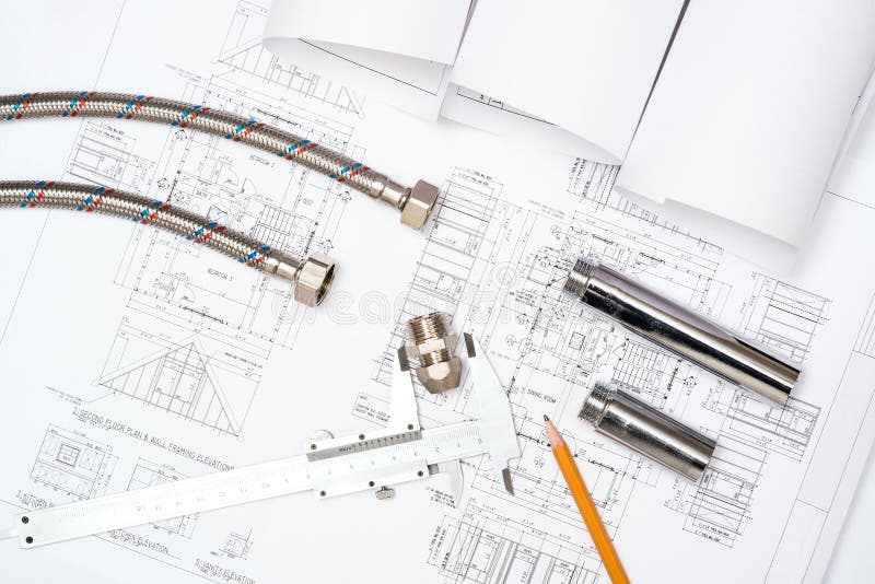 Plumbing and Drawings, Construction Still Life Stock Image - Image of ...