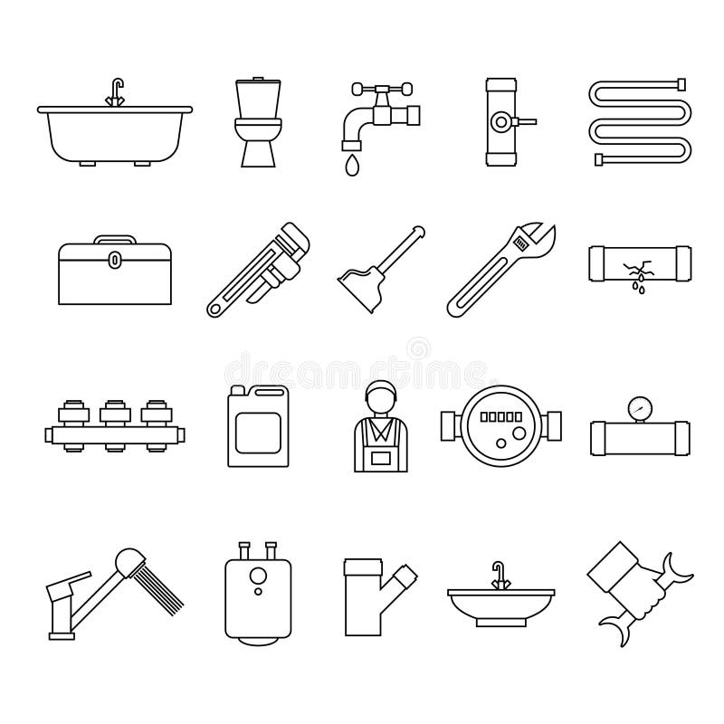 Plumbing Equipments and Tools Black Thin Line Icon Set. Vector Stock ...