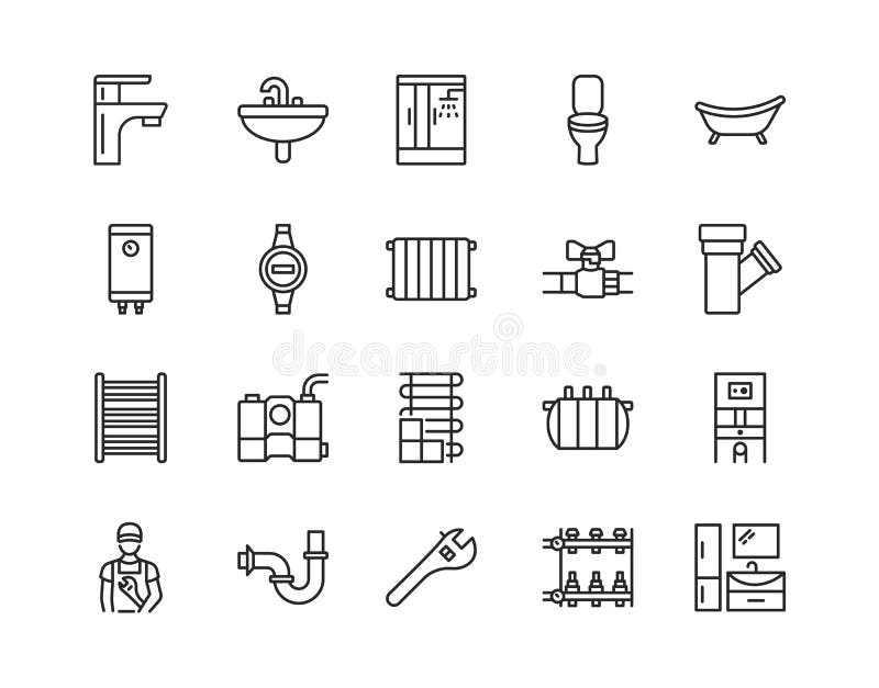 Plumbing Flat Line Icon Set. Vector Illustration Water Supply, Sewerage ...