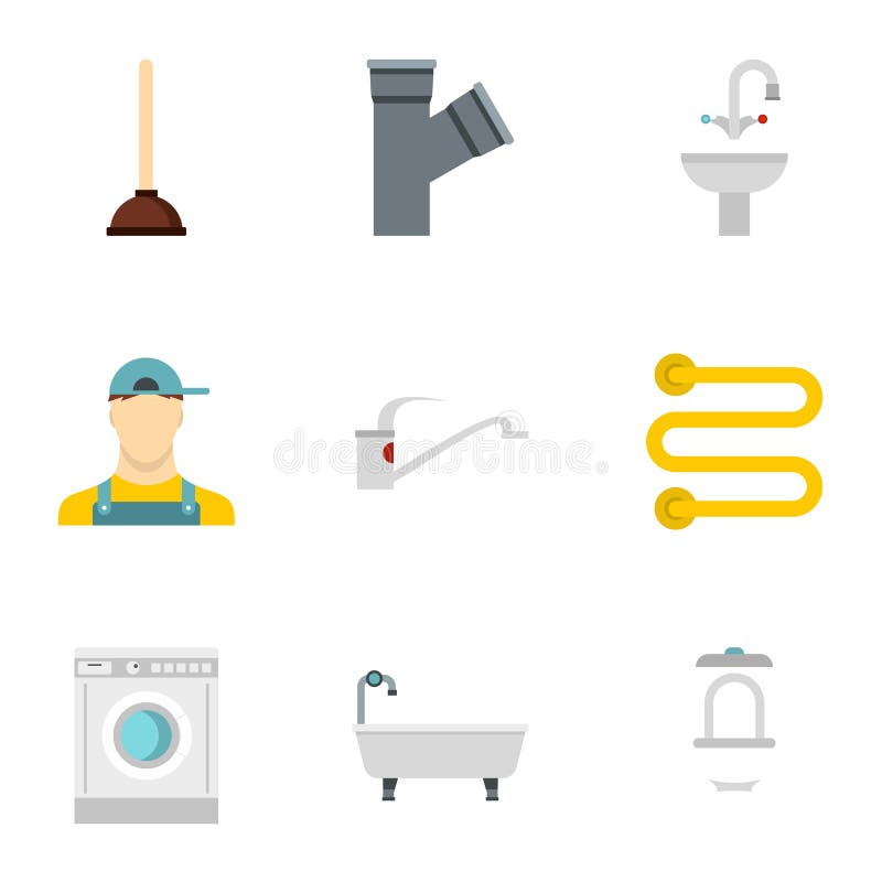 Plumbing Icons Set, Flat Style Stock Vector - Illustration of indoor ...