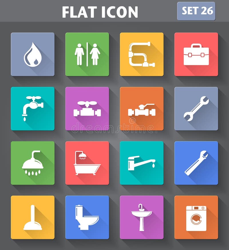 Plumbing Icons Set in Flat Style with Long Shadows. Stock Vector ...