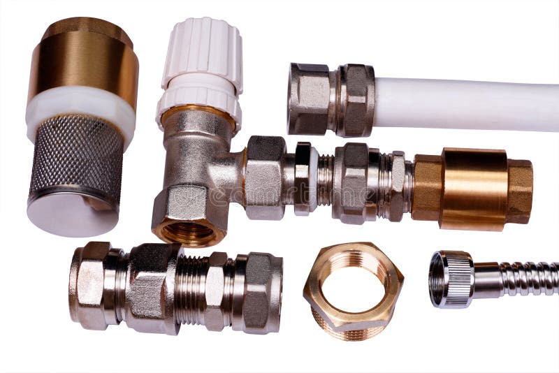 Plumbing parts on a white stock image. Image of chrome - 15396949
