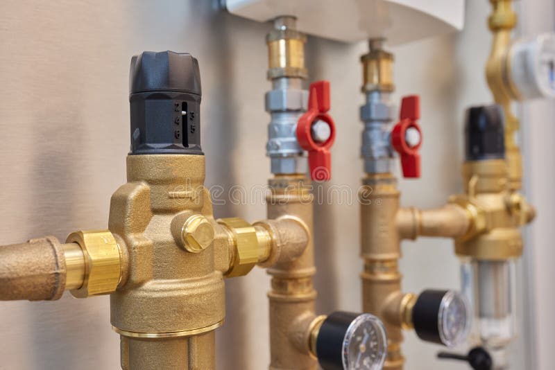 Plumbing Service. Copper Pipeline of a Heating System in Boiler Room ...