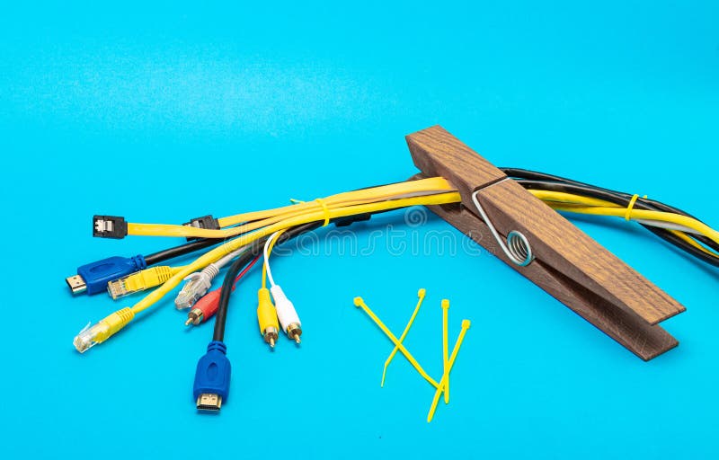 A Plume of Various Cables in a Clip on a Blue Background Stock Image ...