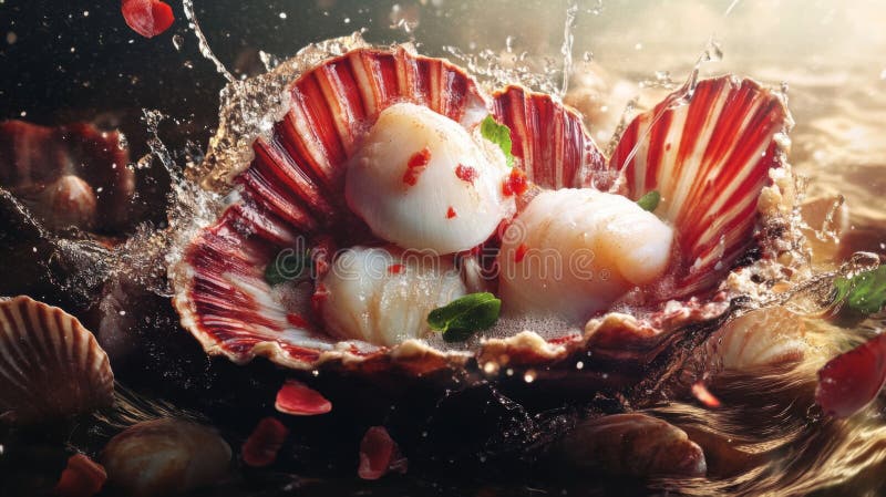 Plump Scallops in Shells with Water Splash Stock Illustration ...