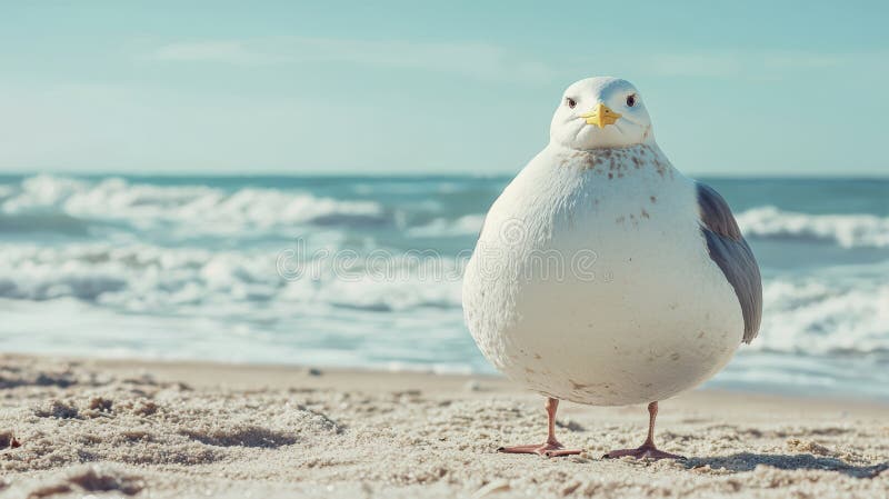Plump Seagull on Sandy Beach, Ocean Background Stock Illustration - Illustration of sunny, funny ...
