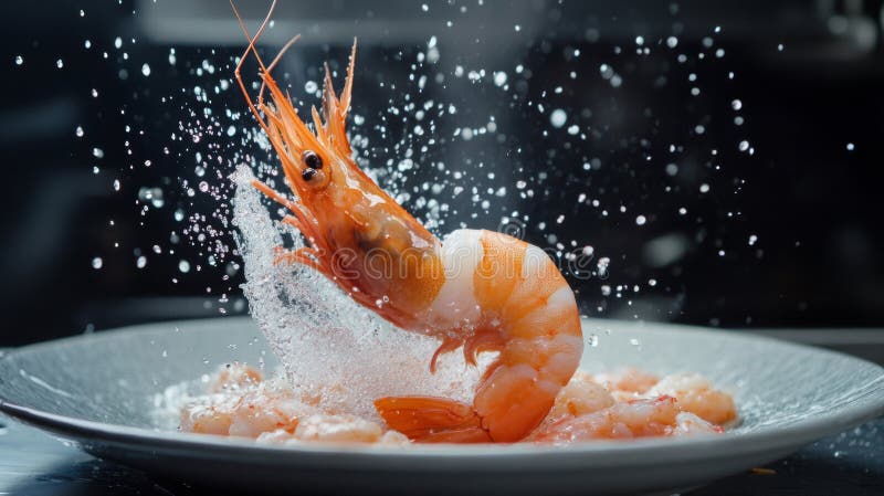 Plump Shrimp in Water Splash on Gray Plate Stock Illustration ...