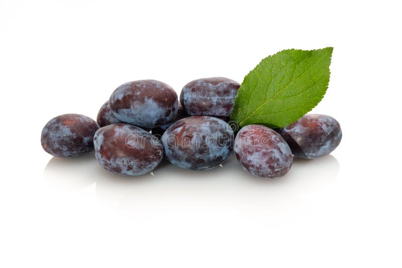 Plums Fruit Raw with Green Leaf White Isolated Stock Photo - Image of ...
