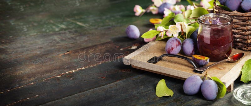 Plums and Jar of Jam on Table Stock Image - Image of domestic, open ...