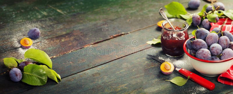 Plums and Jar of Jam on Table Stock Photo - Image of homemade, prunes ...