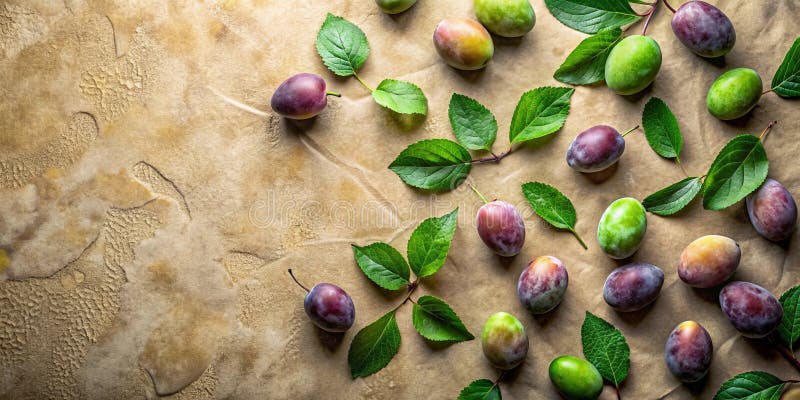 Plums and Leaves Arranged on a Textured Background for a Rustic ...