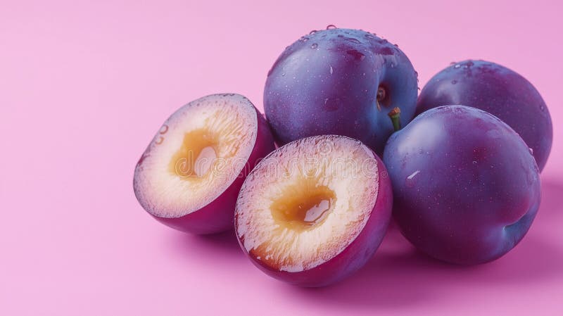Plums Stacked on Pink Surface with Sliced One Stock Photo - Image of ...