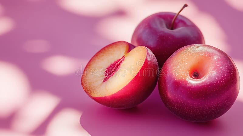 Plums Stacked on Pink Surface with Sliced One Stock Photo - Image of ...
