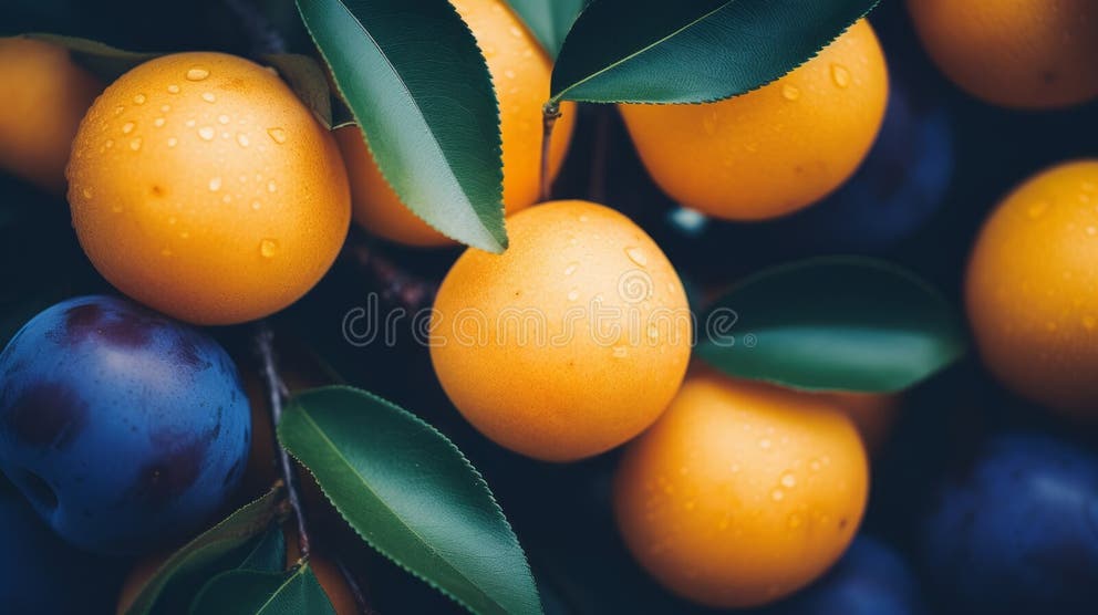 Plums on a Tree with Leaves and Water Droplets Stock Illustration ...