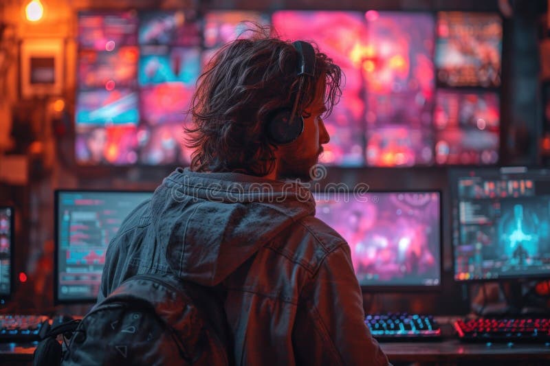 Dive into the Digital Realm with a Gamer Surrounded by Screens and ...