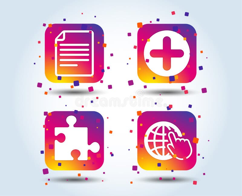 Plus Circle and Puzzle Signs. File, Globe. Stock Vector - Illustration ...