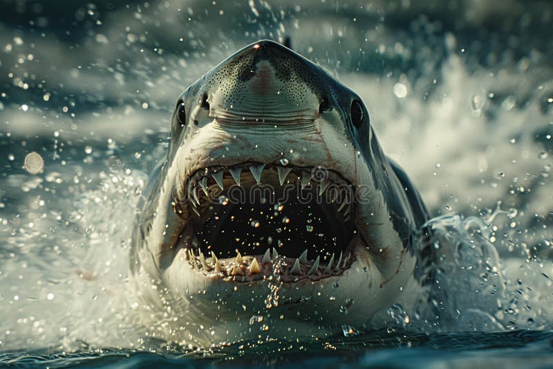 A Plus Four Meter Great White Shark Jumping Out of the Water with an ...