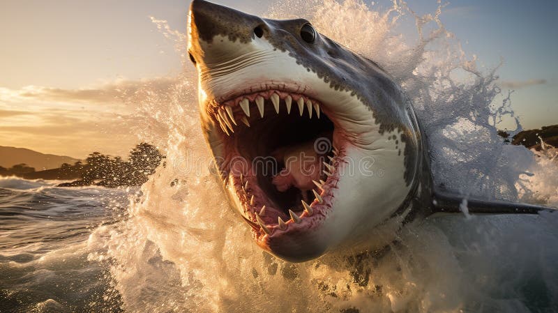 A Plus Four Meter Great White Shark Jumping Out of the Water with an ...