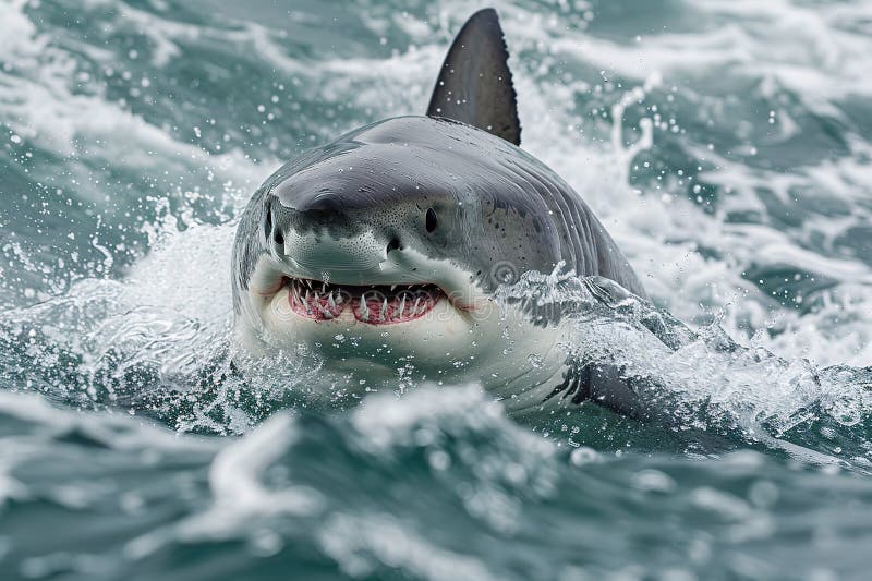 A Plus Four Meter Great White Shark Jumping Out of the Water with an ...