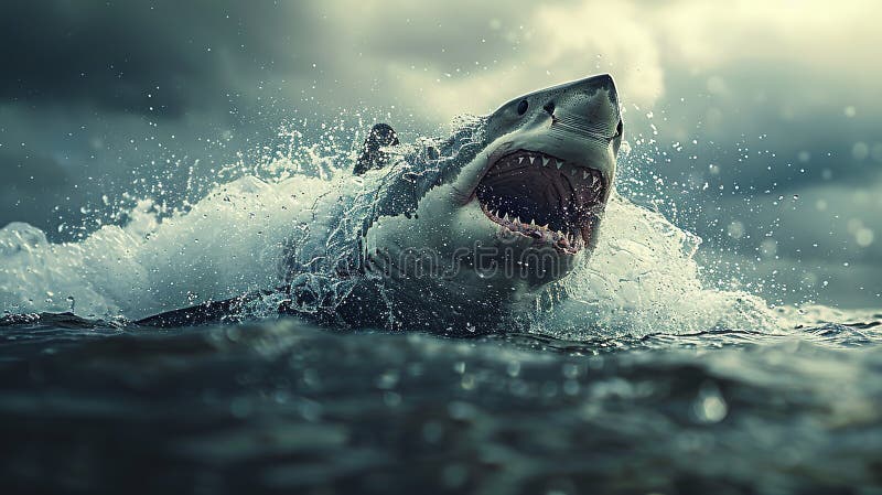 A Plus Four Meter Great White Shark Jumping Out of the Water with an ...