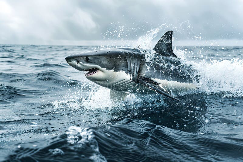 A Plus Four Meter Great White Shark Jumping Out of the Water with an ...
