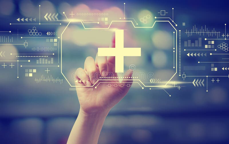 Plus Sign with Hand Pressing a Button Stock Image - Image of growth ...