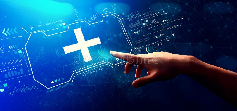 Plus Sign with Hand Pressing a Button Stock Image - Image of dark ...