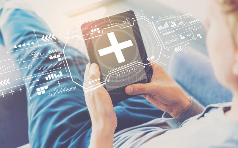 Plus Sign with Man Using a Tablet Stock Image - Image of computer ...
