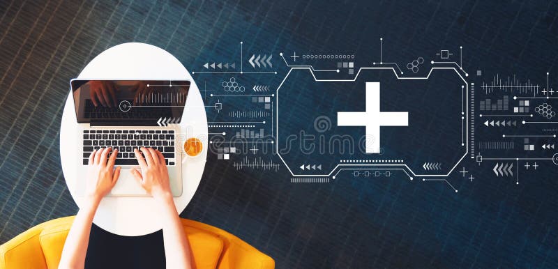 Plus Sign with Person Using a Laptop Stock Photo - Image of market ...