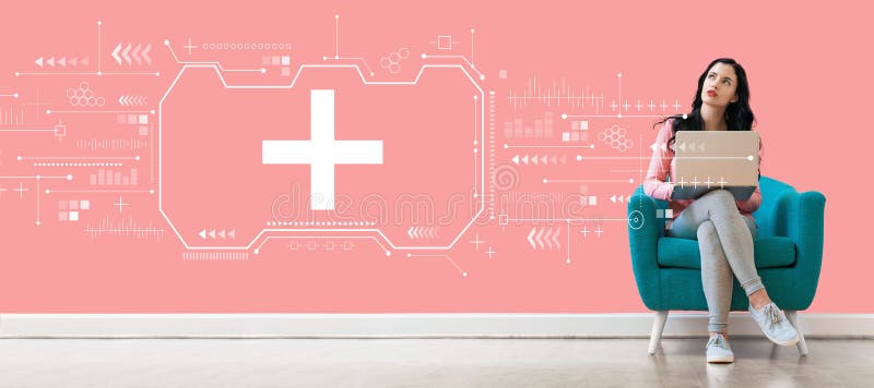Plus Sign with Woman Using a Laptop Stock Image - Image of icons, blue ...