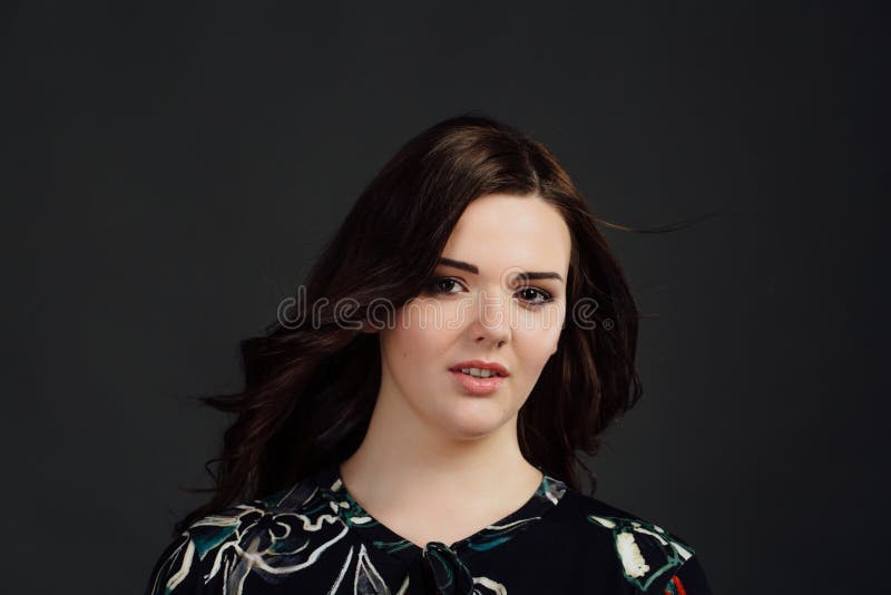 Plus Size Fashion Model In Casual Dress Clothes Fat Woman On Gray