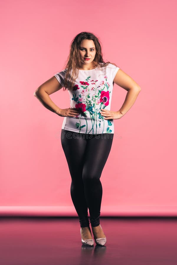 Happy Plus Size Fashion Model in Midi Dress, Fat Woman on Purple ...