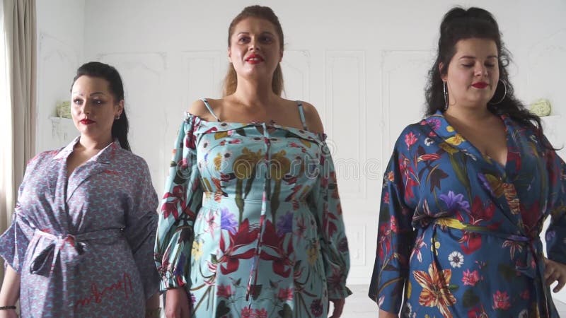 Plus Size Models in a Beautiful Dresses in the Studio. Smiling Plump ...