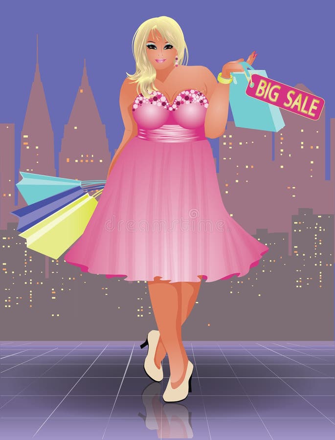 Plus Size Shopping Woman in City, Vector Stock Vector - Illustration of ...