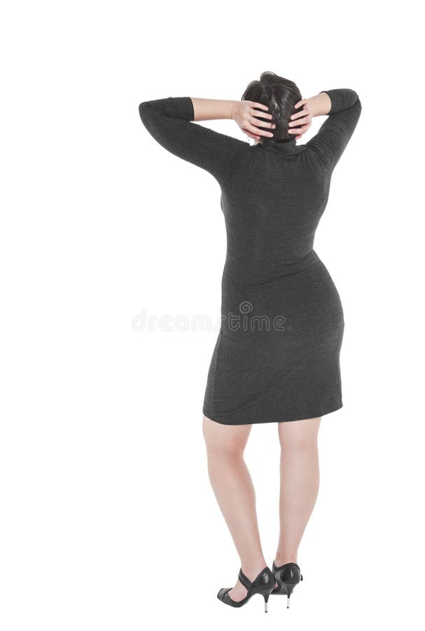 Plus Size Woman Standing and Looking on Something. Back Pose Stock ...