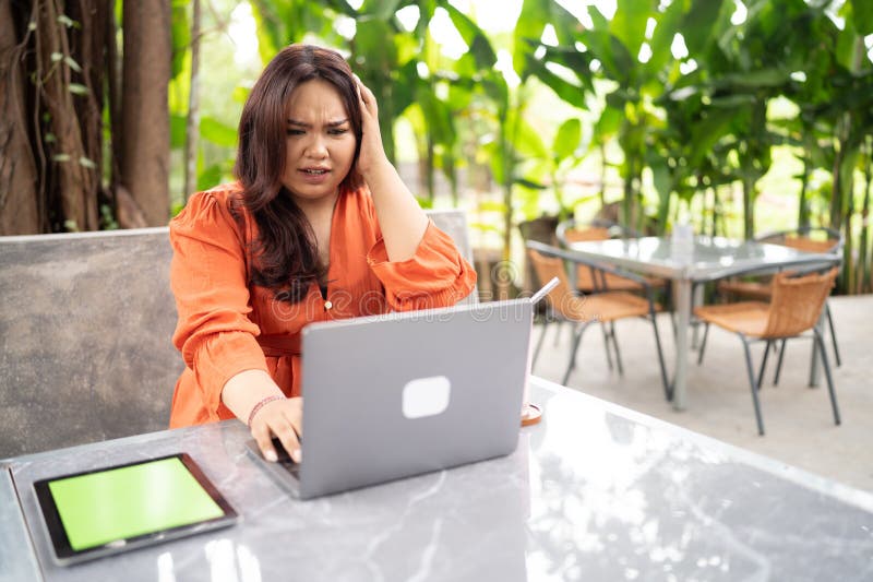 Plus Size Woman Working in Outdoor Cafe Stock Photo - Image of ...