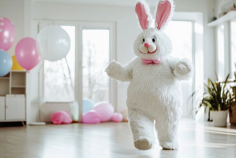 Plus Sized Person in Easter Bunny Costume Dancing at Home Stock ...
