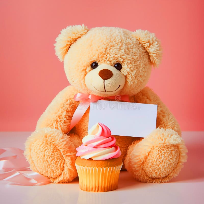 Plush Bear Cupcake Blank Note Card Pink Celebration Stock Image - Image ...