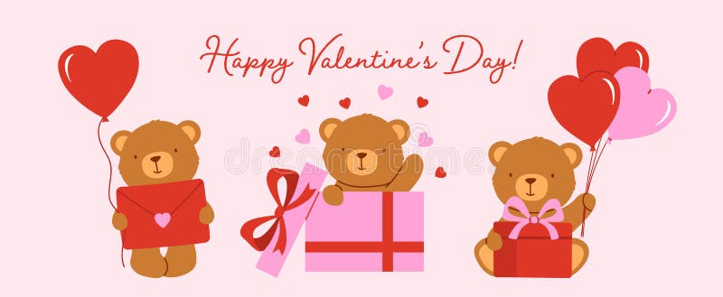 Plush Bear with Pink and Red Balloons and Presents. Vector Illustration ...