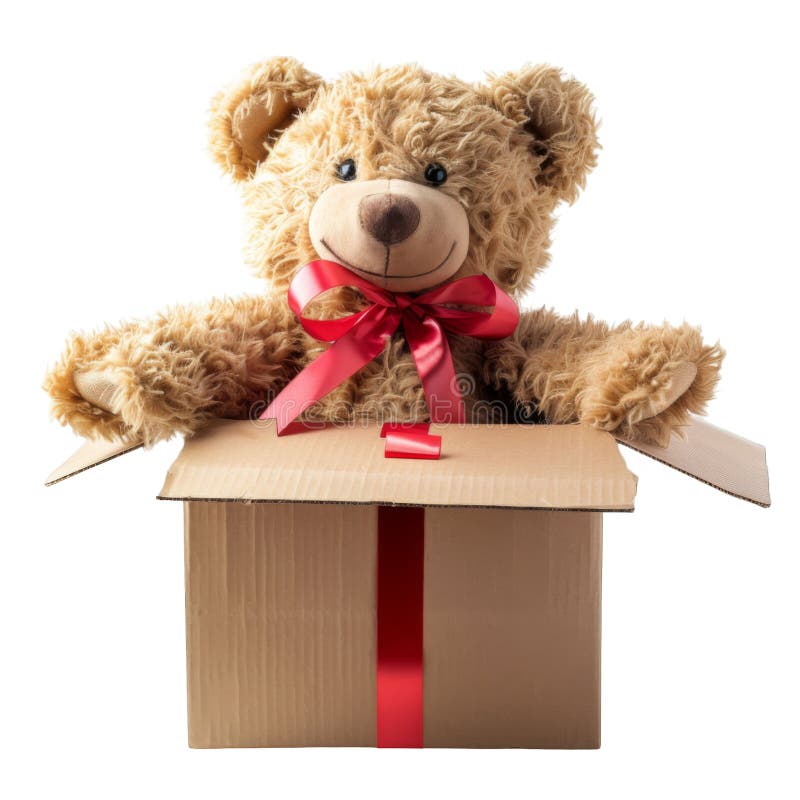 A Plush Brown Teddy Bear Peeking Out of a Gift Box Stock Illustration ...