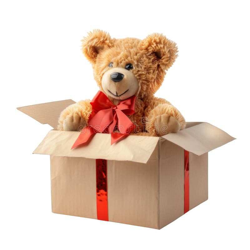 Plush Brown Teddy Bear with Red Bow Inside a Cardboard Box Stock ...