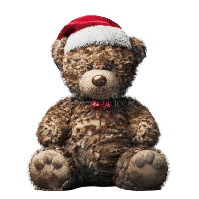 A Plush Brown Teddy Bear Wearing a Santa Hat and a Red Bow Stock Image ...