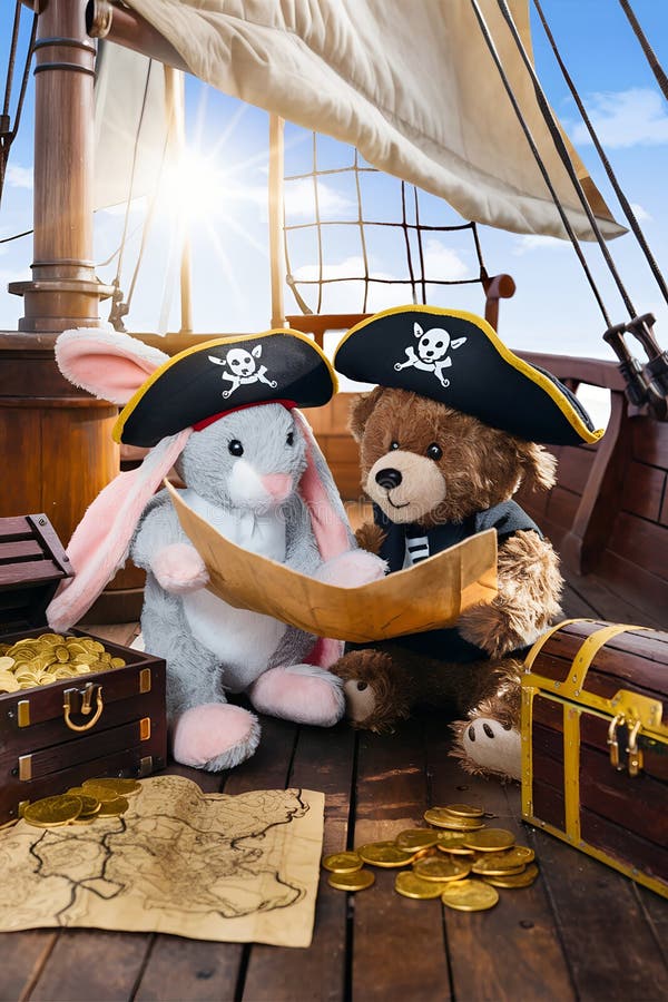 Plush Bunny and Bear on Pirate Ship Treasure Hunt Stock Illustration ...