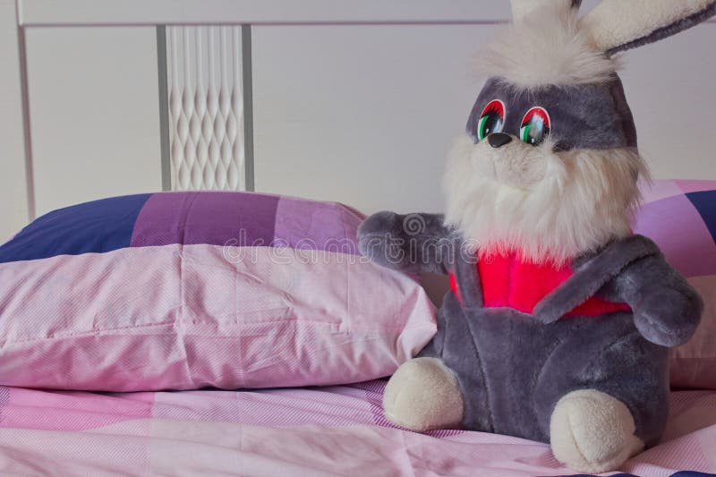 Plush Bunny on the Bed,a Big Soft Toy Bunny is Sitting on the Bed Stock ...