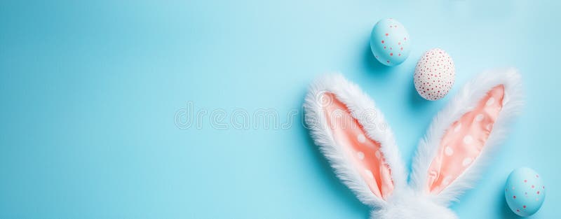 Plush Bunny Rabbit Ears and Pastel Eggs on Blue Panoramic Background ...