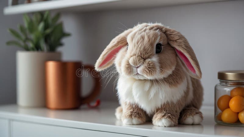 Plush Bunny Rabbit with Long Ears Sits on White Shelf. Stock ...