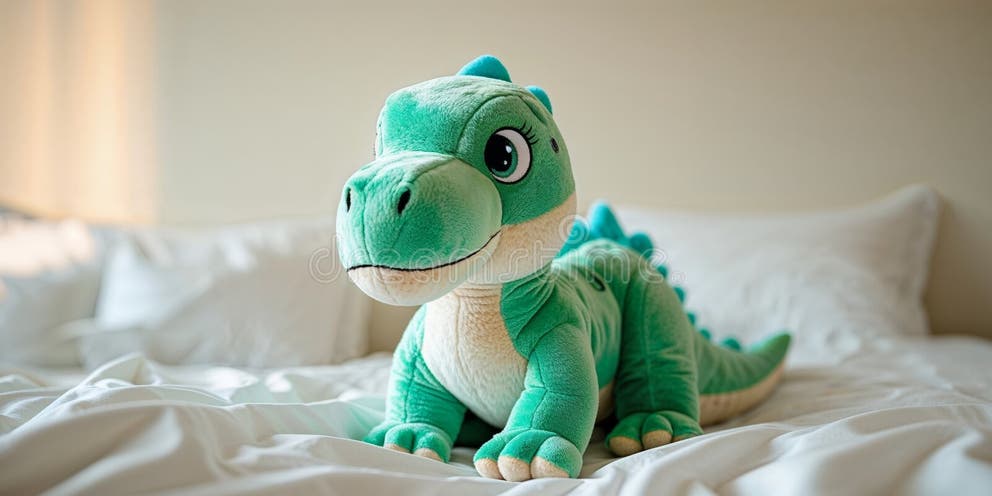 Plush Dinosaur Placed Charmingly on Bed with Generous Copy Space for ...