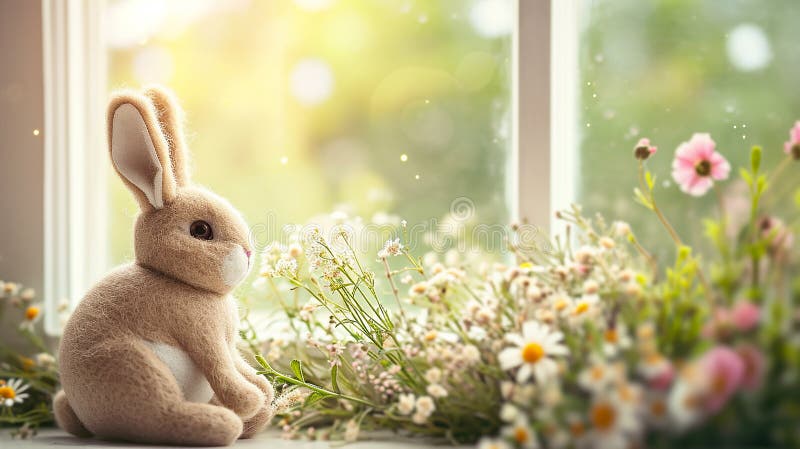 Plush Easter Bunny Sits among Bright Spring Flowers. a Rabbit in Soft ...